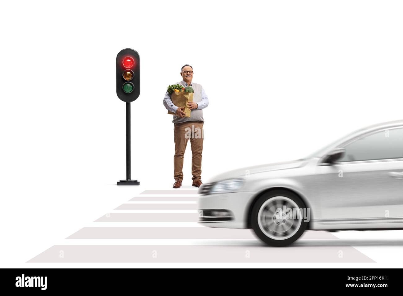 Full length portrait of a mature man with a grocery bag waiting at ...
