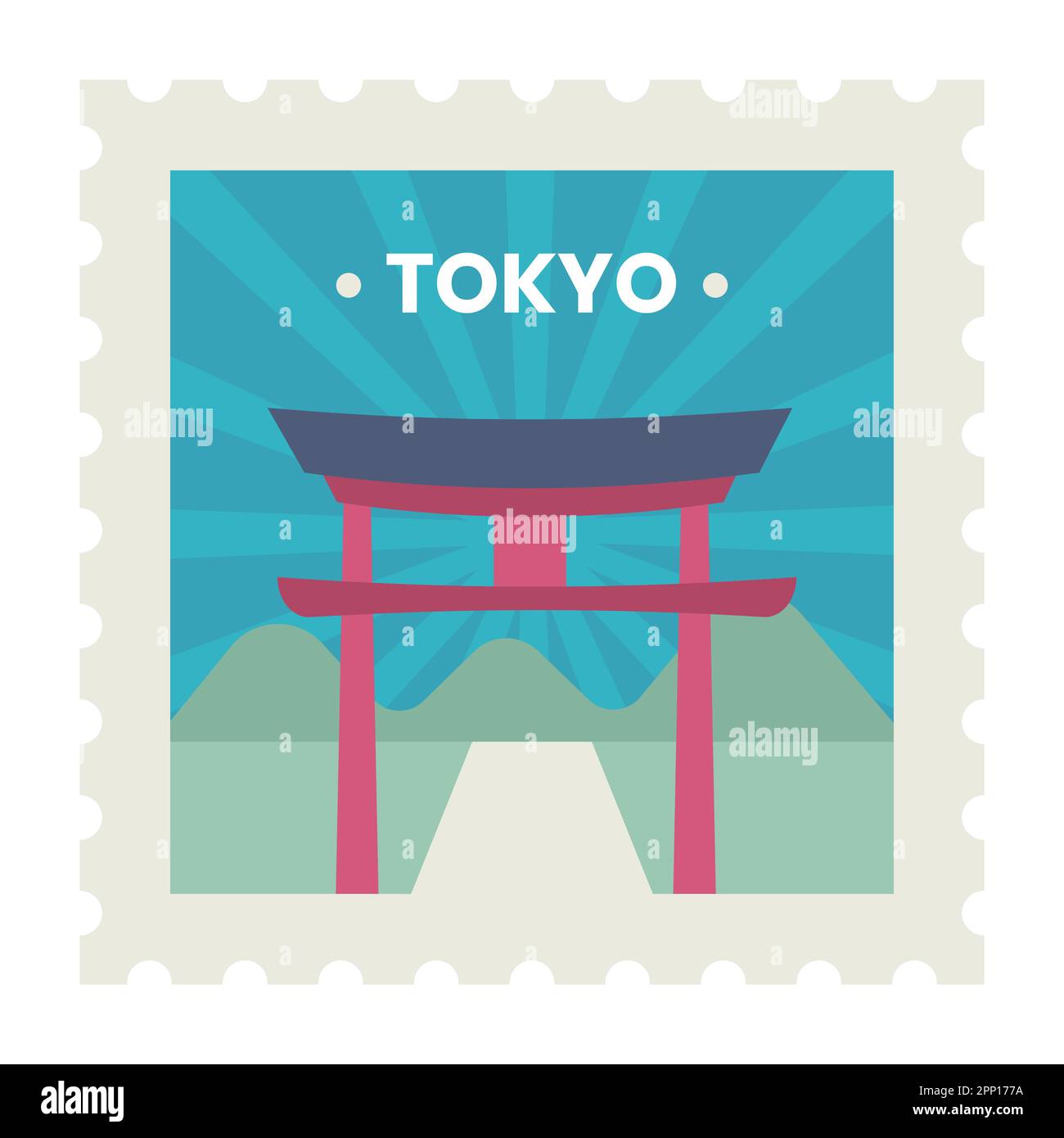 Flat Style Torii Gate With Rays And Mountain For Tokyo Stamp Or Ticket ...