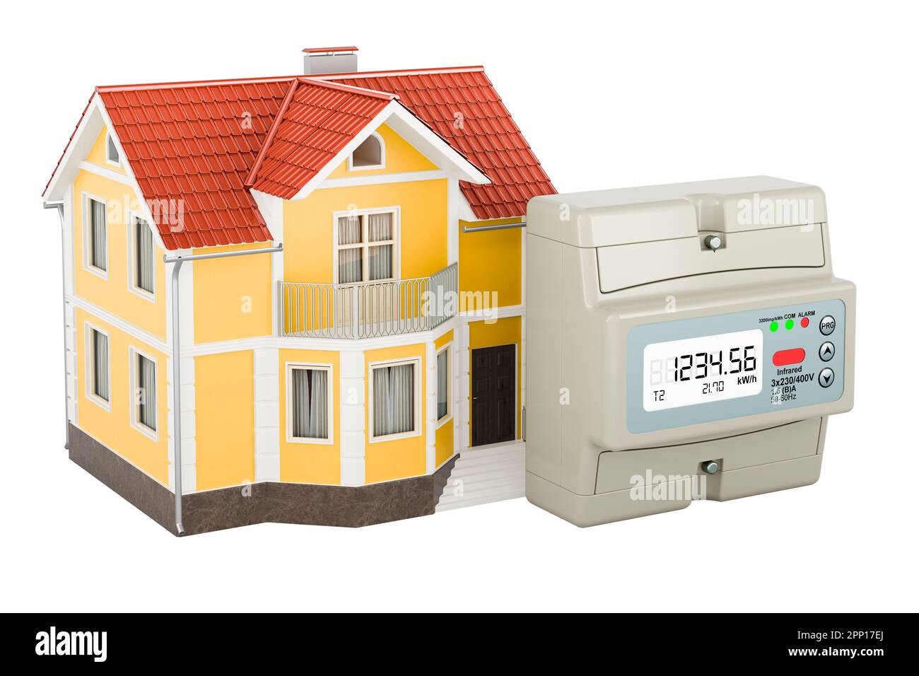 Electric meter with home, 3D rendering isolated on white background ...