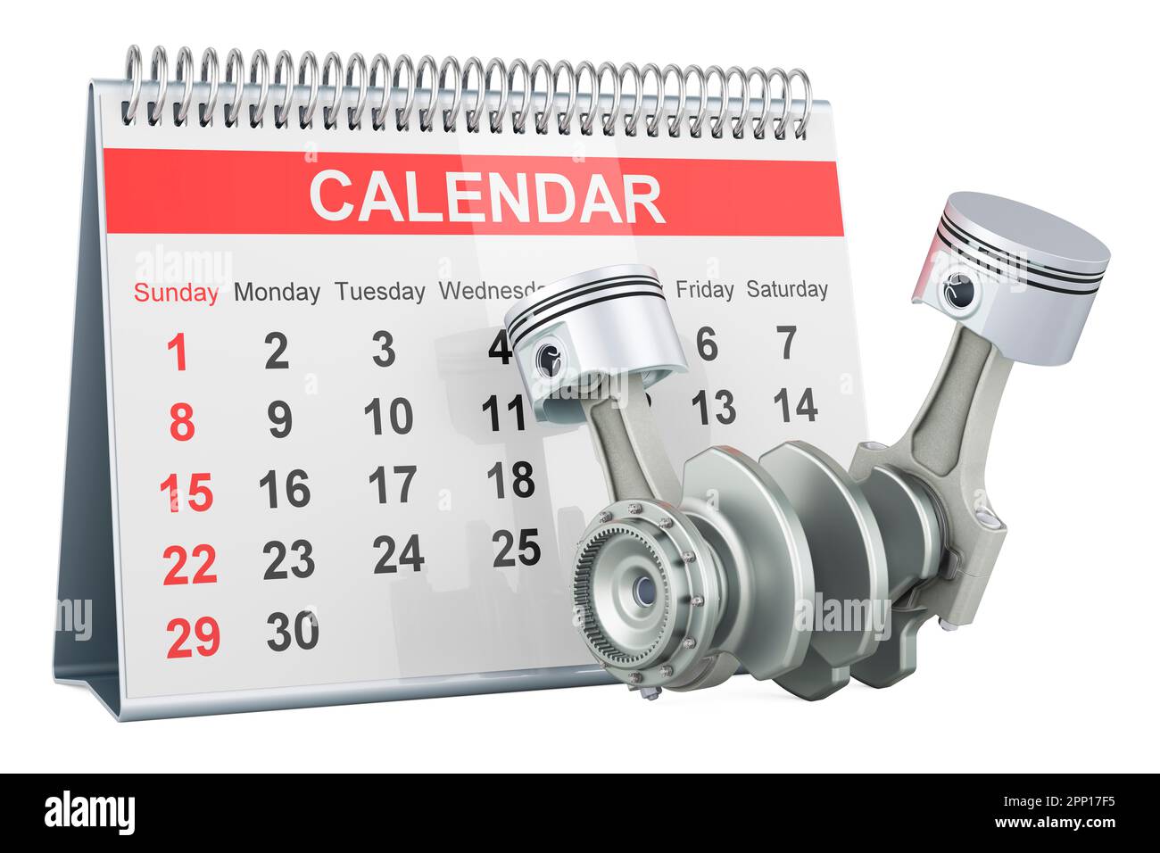 Engine pistons with desk calendar, 3D rendering isolated on white ...