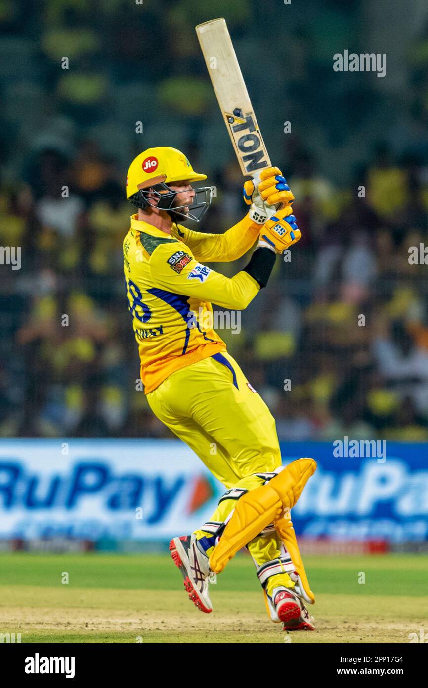 Chennai Super Kings' Devon Conway plays a shot during the Indian Premier League cricket match ...
