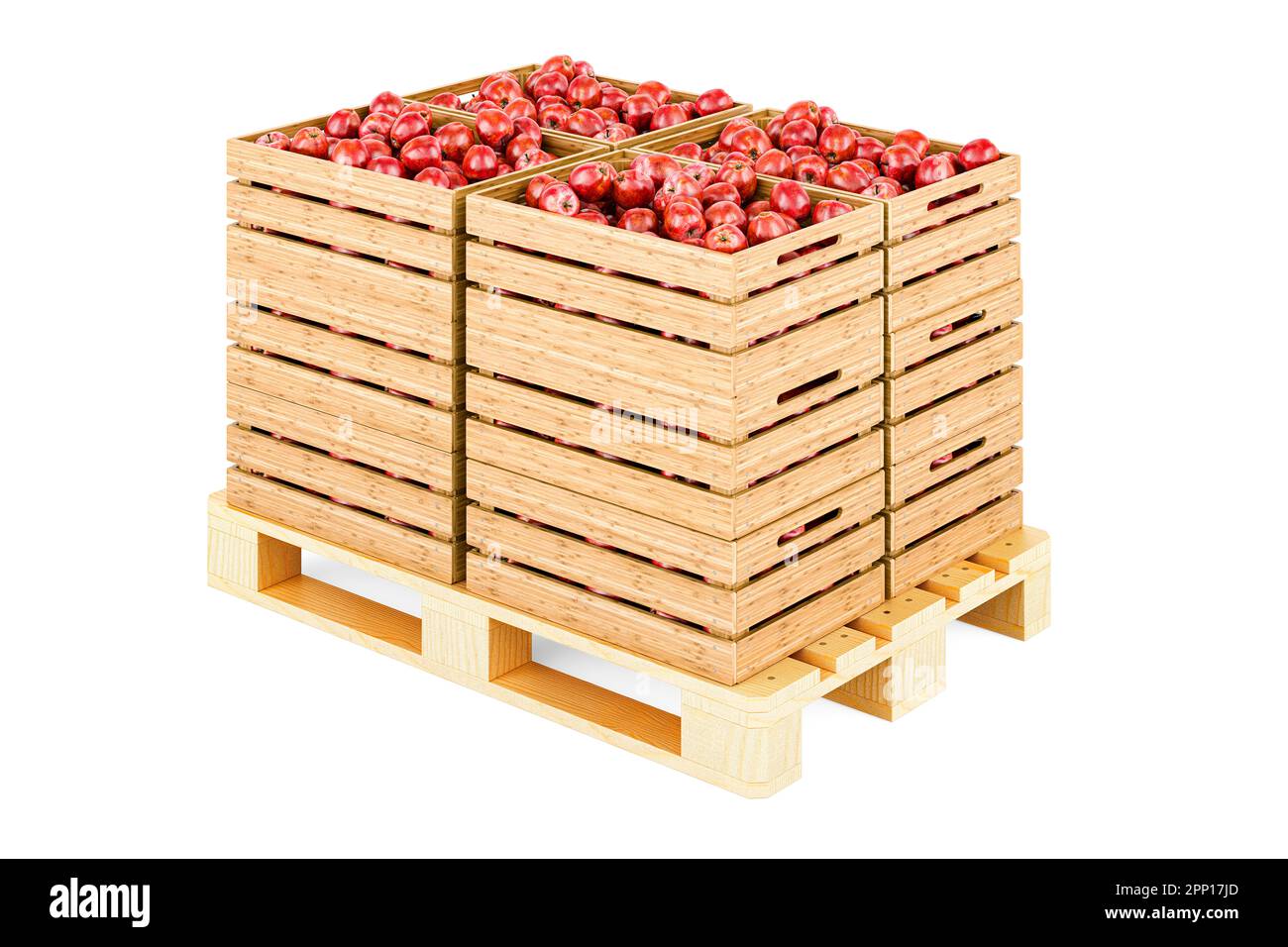Wooden crates full of red apples on the wooden pallet, 3D rendering ...