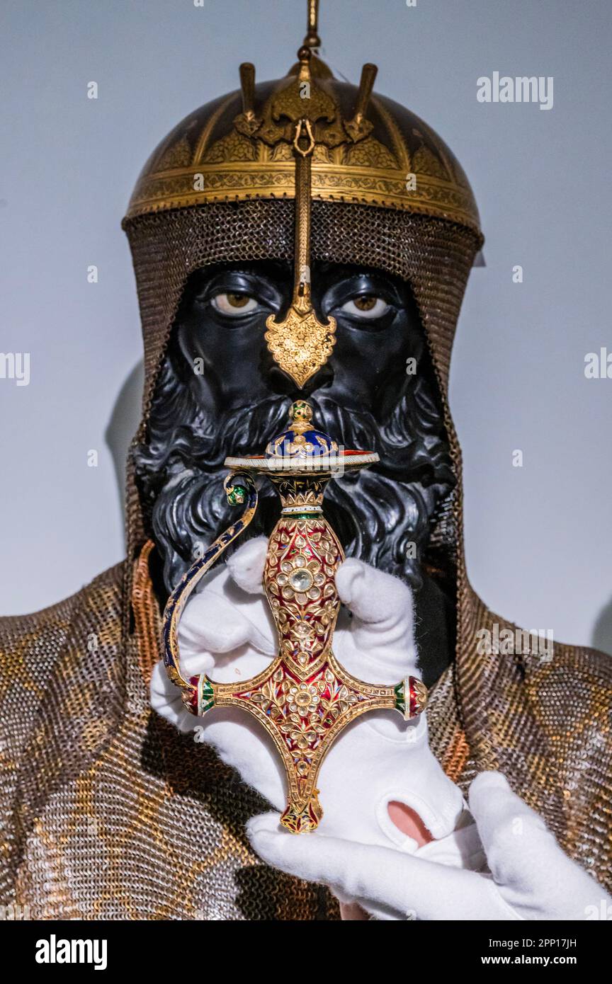 London, UK. 21st Apr, 2023. An Enamelled And Gem-Set Gold Tulwar Hilt ...