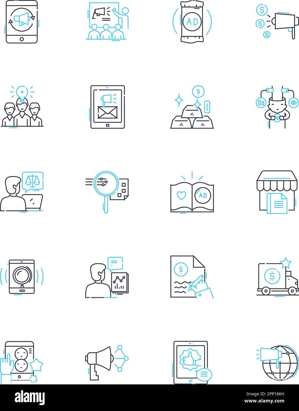 Publicity campaigns linear icons set. Exposure, Promotion, Outreach ...