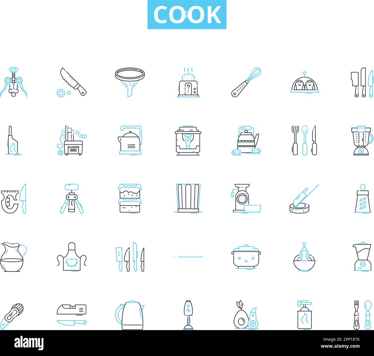 Cook linear icons set. Saute, Grill, Bake, Simmer, Fry, Roast, Stir-fry ...