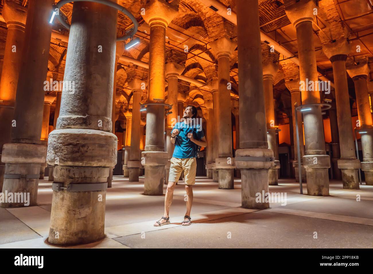 Man tourist enjoying Beautiful cistern in Istanbul. Cistern ...