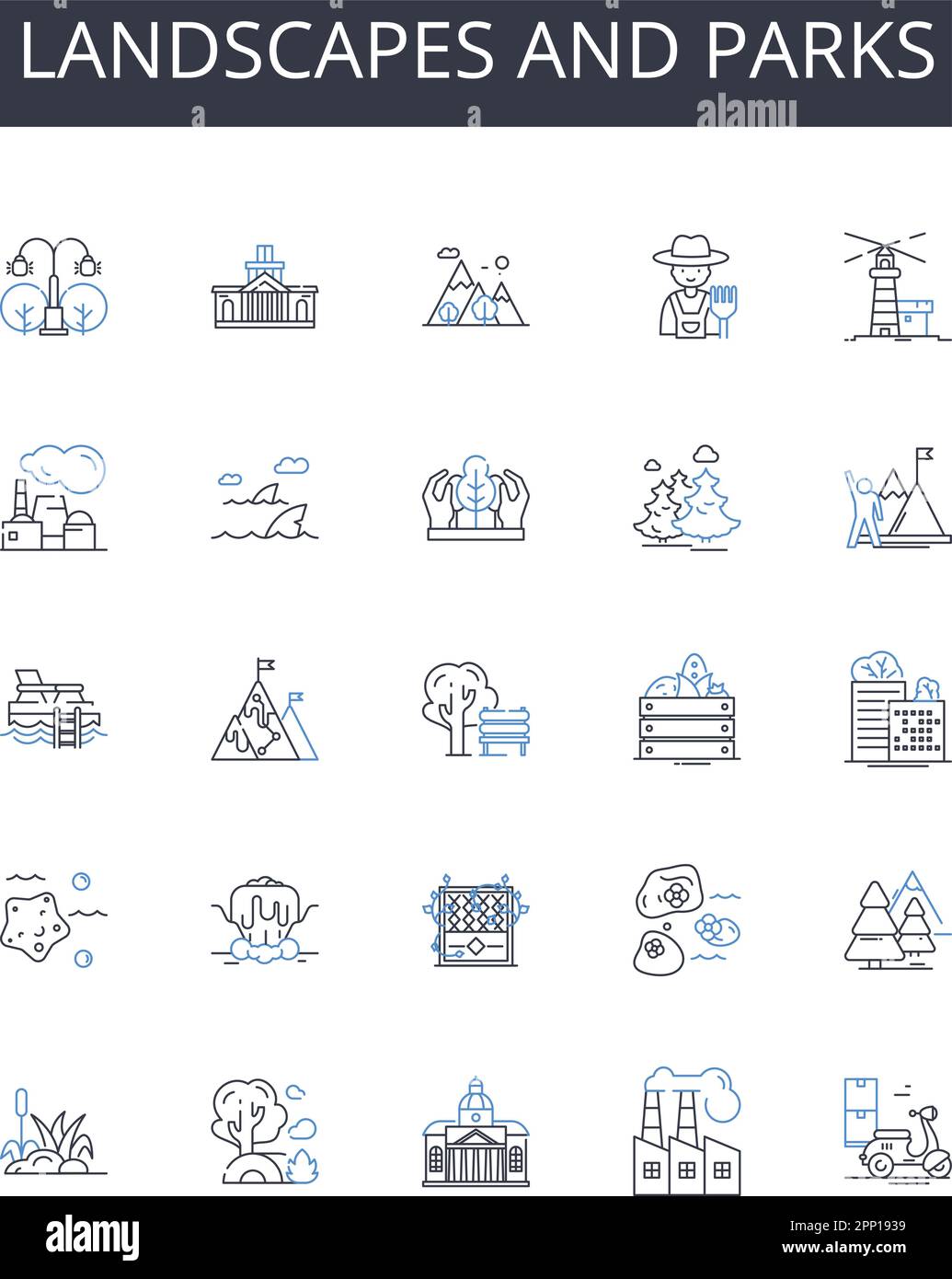 Landscapes and parks line icons collection. Oceans and beaches ...