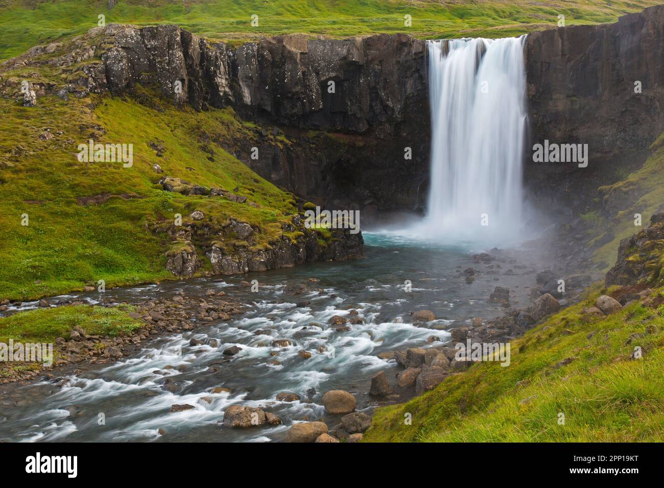 Gufufoss waterfall in summer on the Fjarðará river flowing in the ...