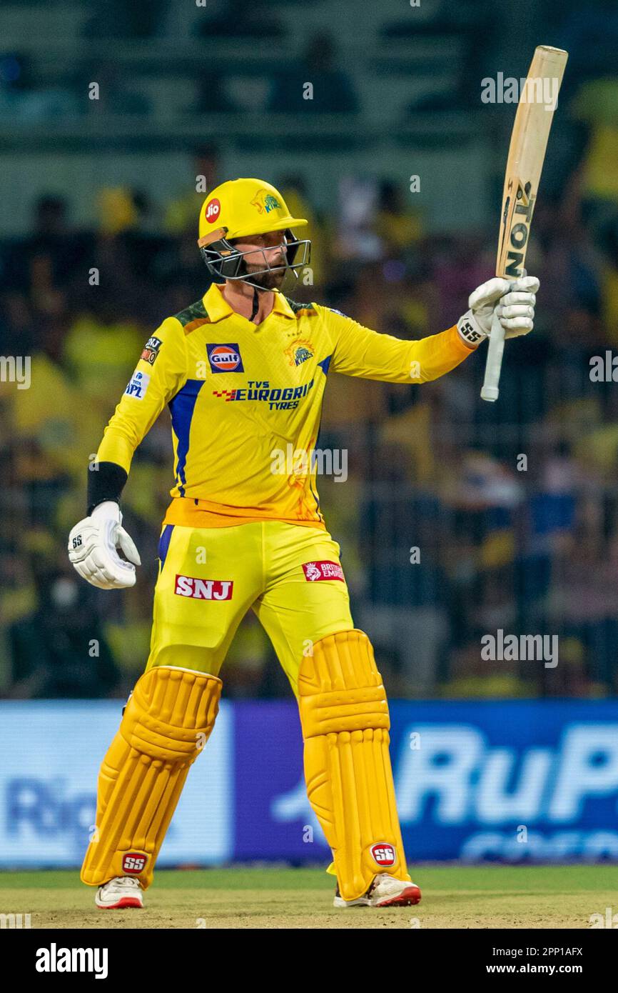 Chennai Super Kings' Devon Conway celebrates his fifty runs during the ...