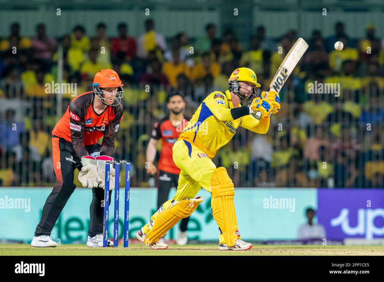Chennai Super Kings' Devon Conway plays a shot during the Indian Premier League cricket match ...