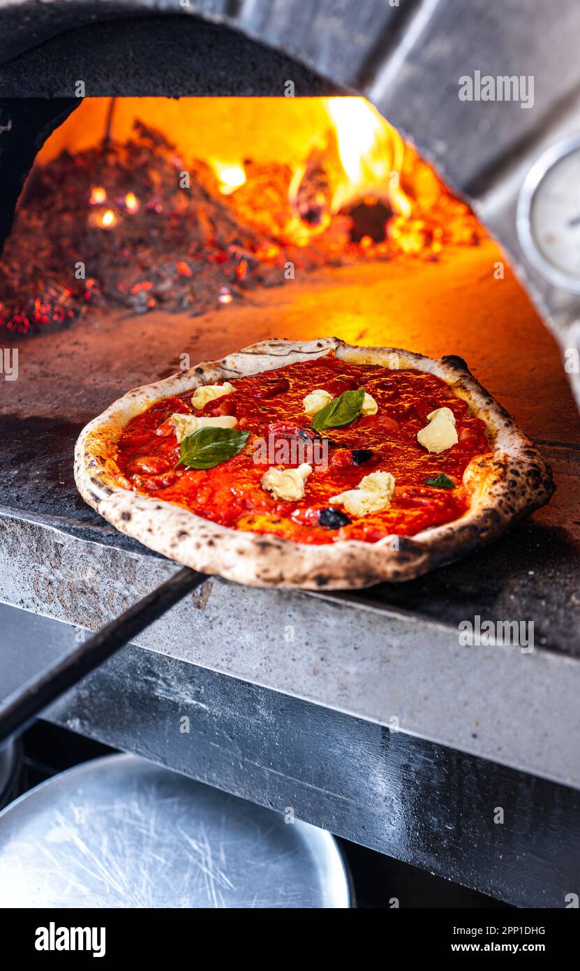 Pizzaiolo pulls out a freshly baked Neapolitan Margherita Pizza from traditional wood-fired oven ...