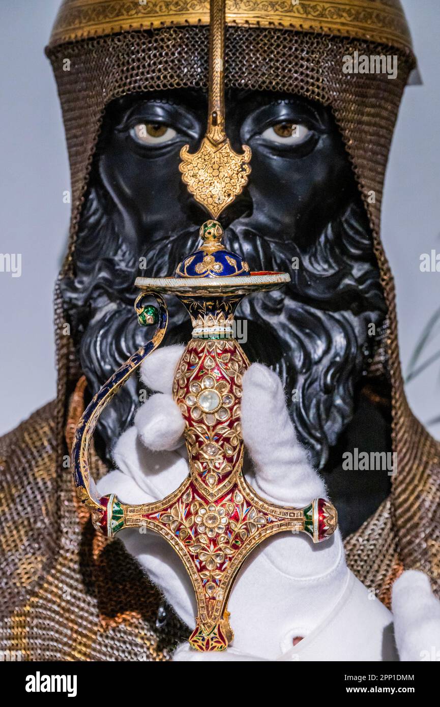 London, UK. 21st Apr, 2023. An Enamelled And Gem-Set Gold Tulwar Hilt ...