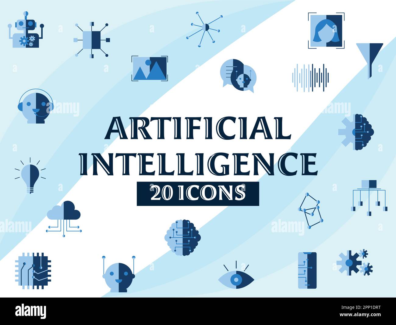 20 Artificial Intelligence Icon Set On Blue And White Background Stock ...