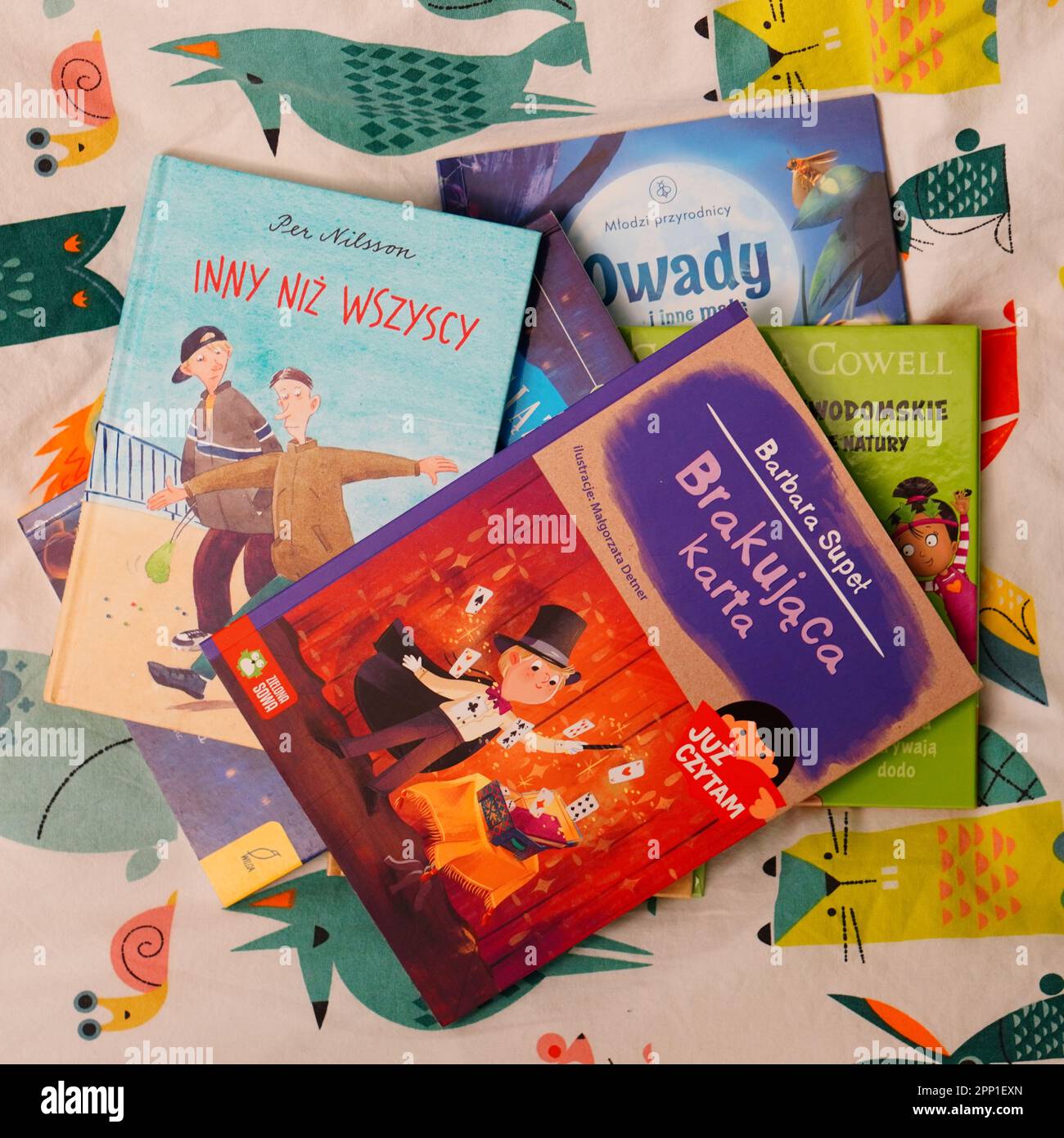 A closeup of an illustrated children's book in the Polish language ...