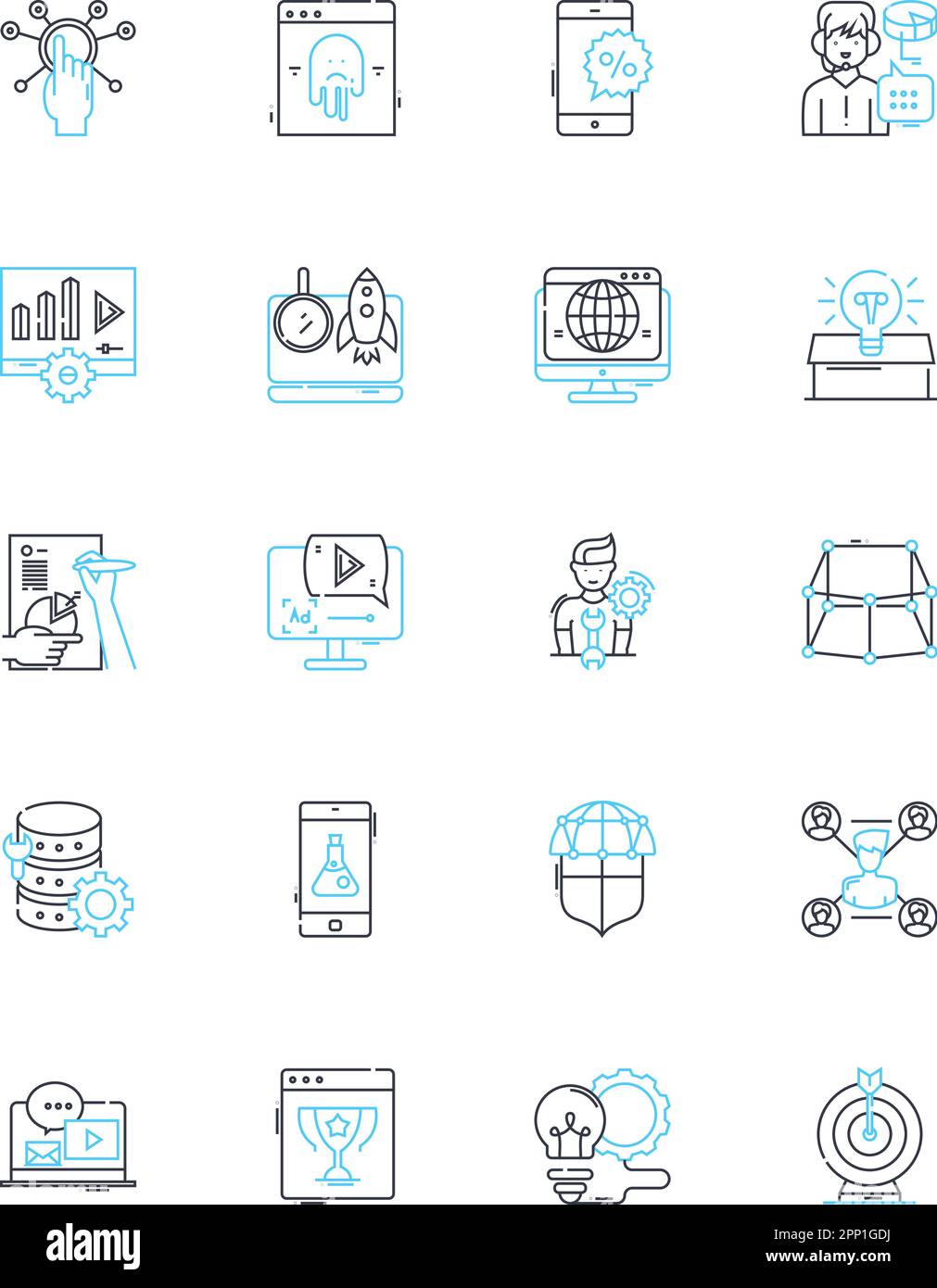 Digital branding linear icons set. identity, recognition, reputation ...