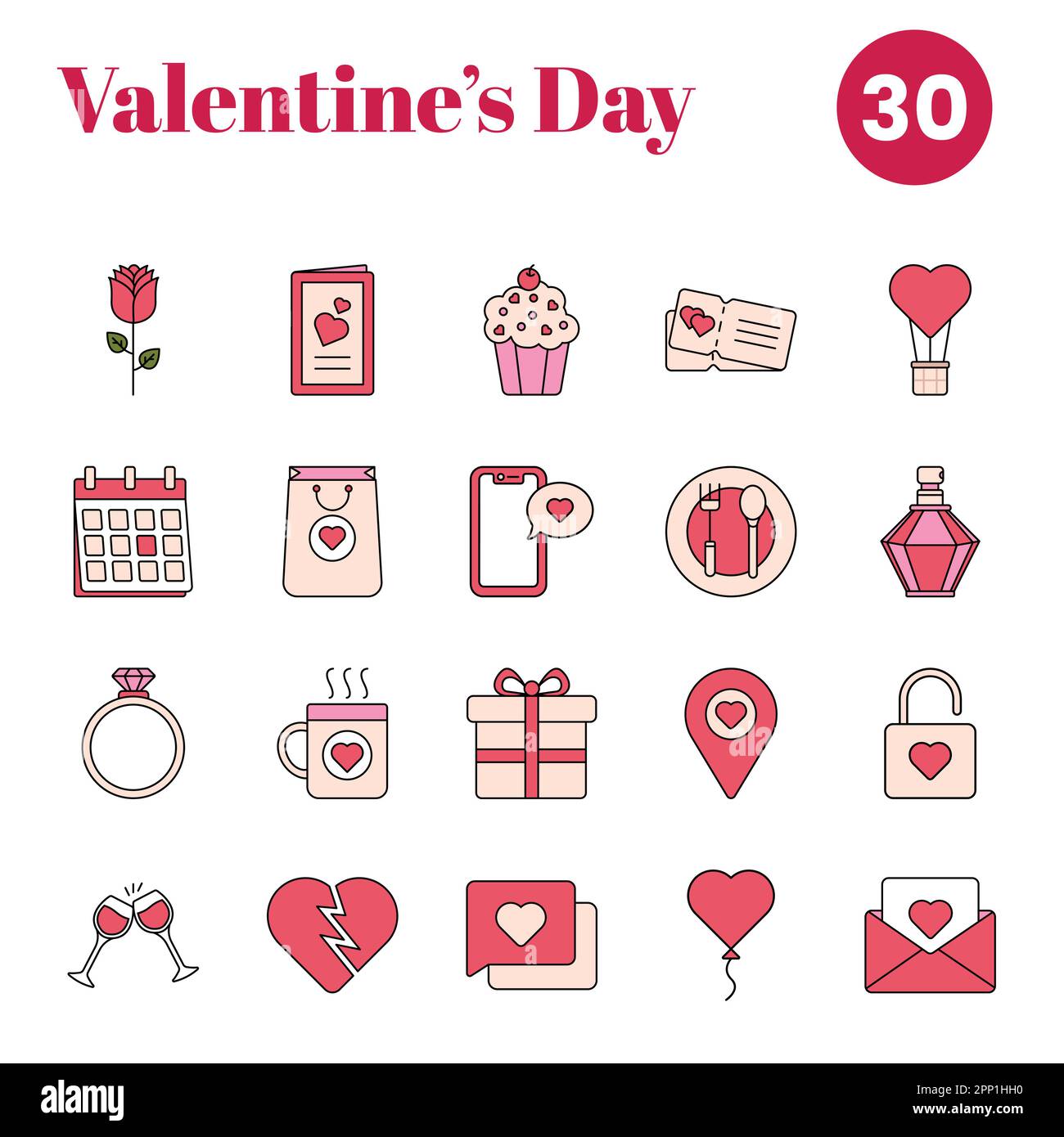 30 Valentine's Day Celebration Icon Set In Flat Style Stock Vector ...