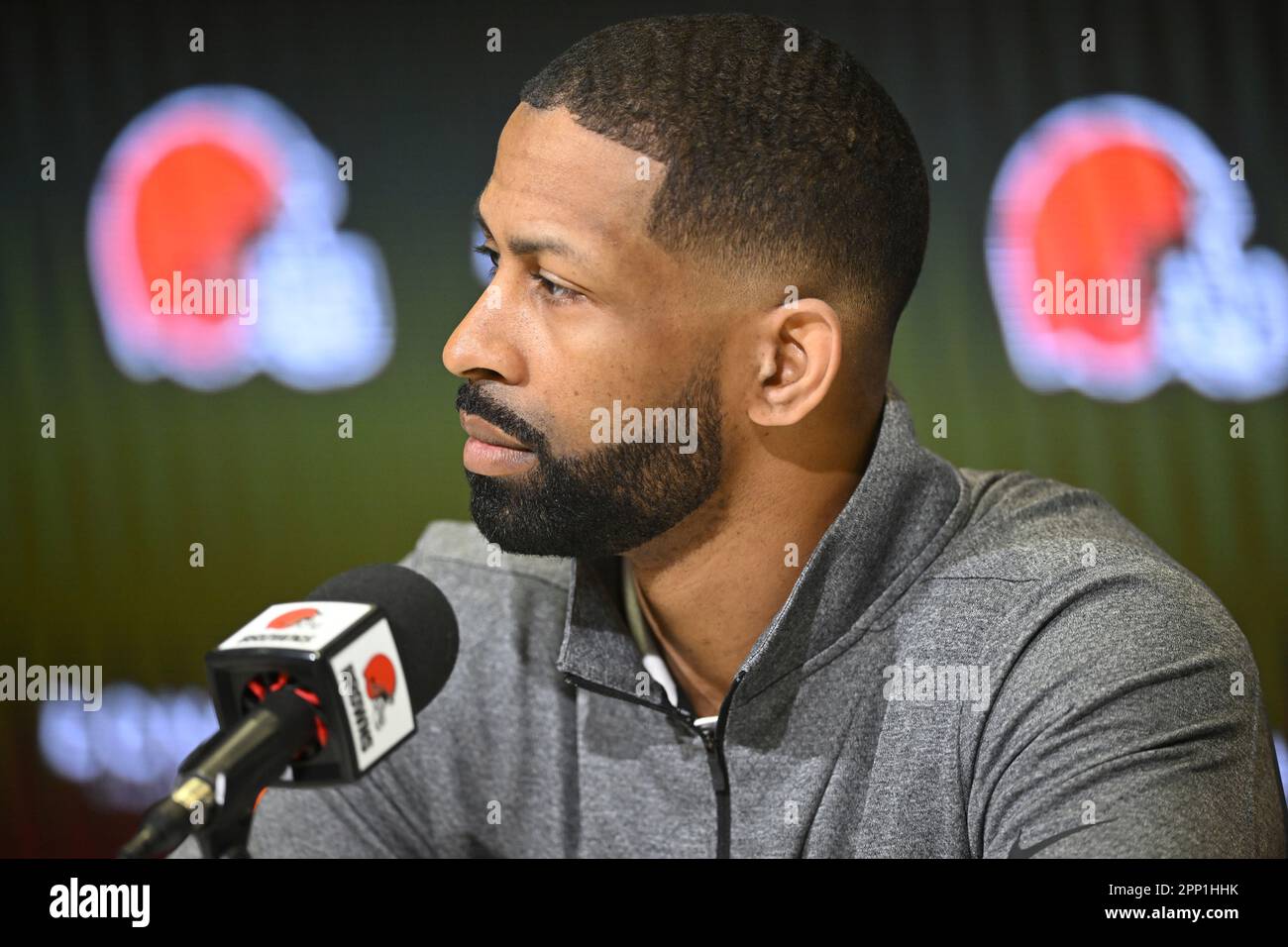 Cleveland Browns general manager Andrew Berry speaks with the media ...