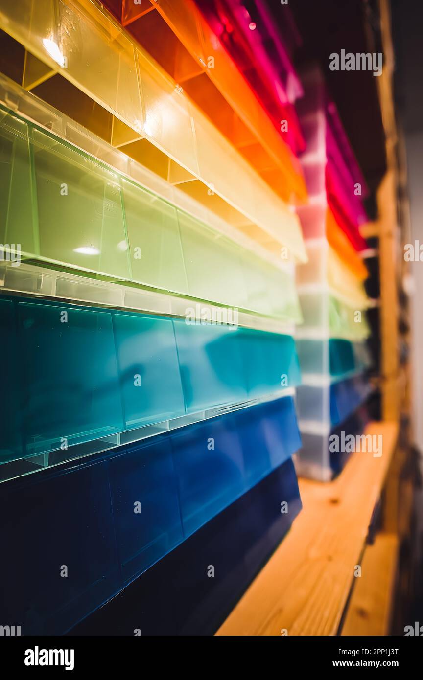 Rows of multi-colored storage bin totes in a retail store shelving ...