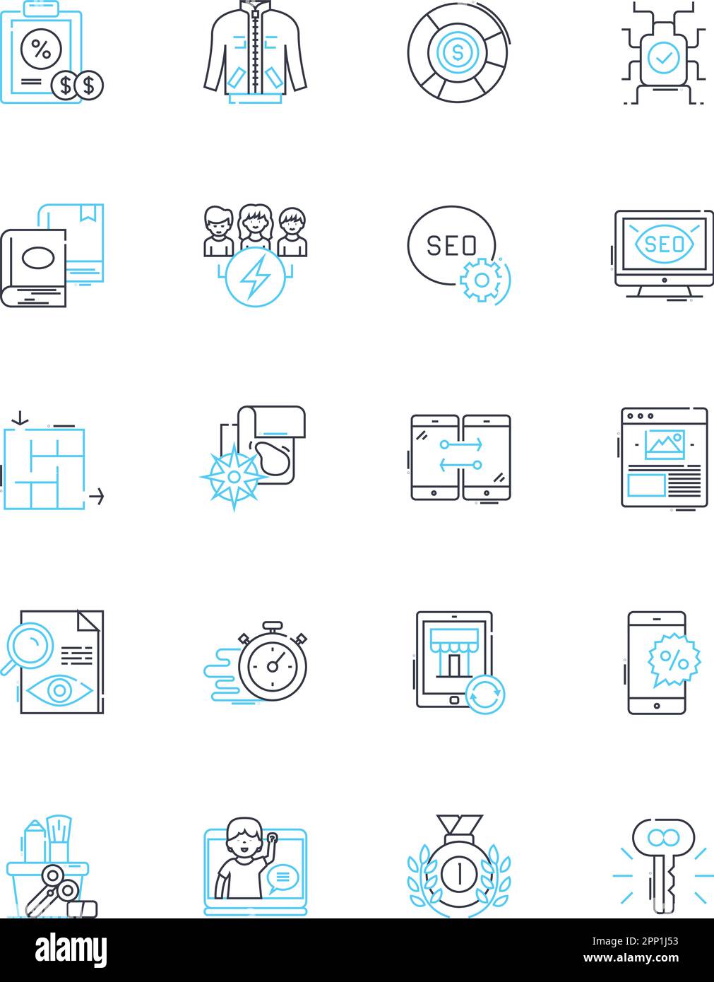Brand perception linear icons set. Trusrthy, Authenticity, Reputation, Recognition, Loyalty ...