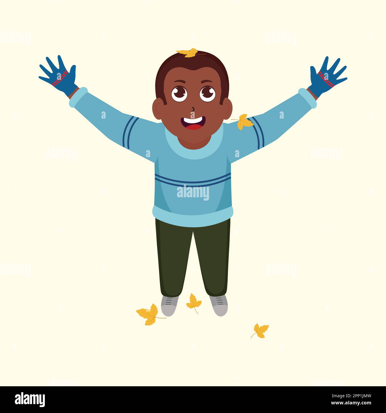 Cheerful Boy Raising Arms With Enjoy Falling Leaves On Light Yellow ...