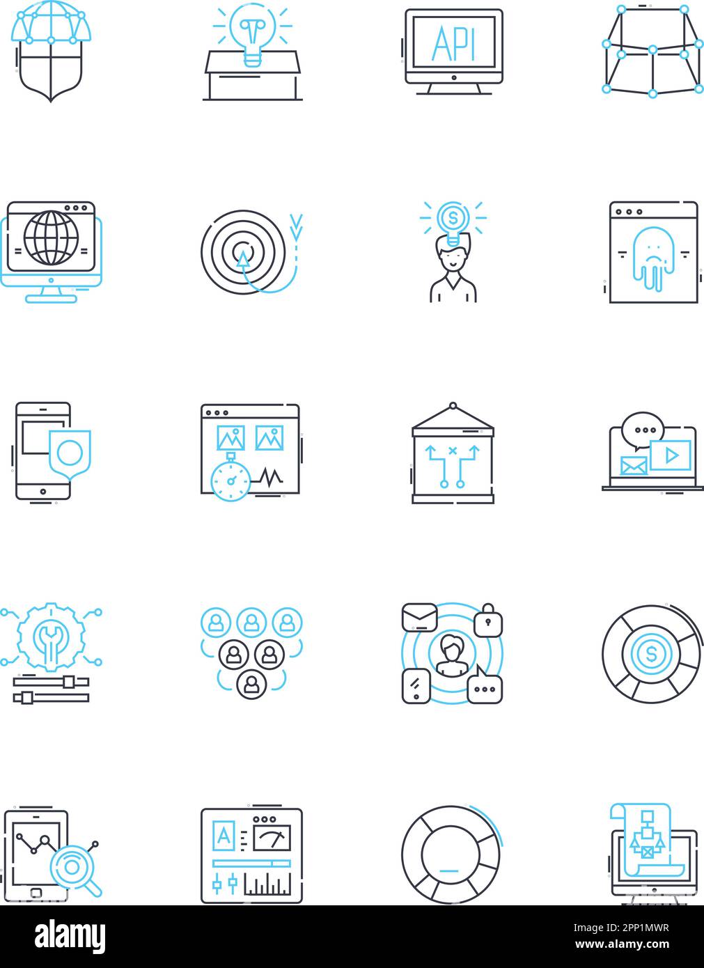 Internet outreach linear icons set. Interaction, Connection, Engagement, Awareness, Inclusion ...