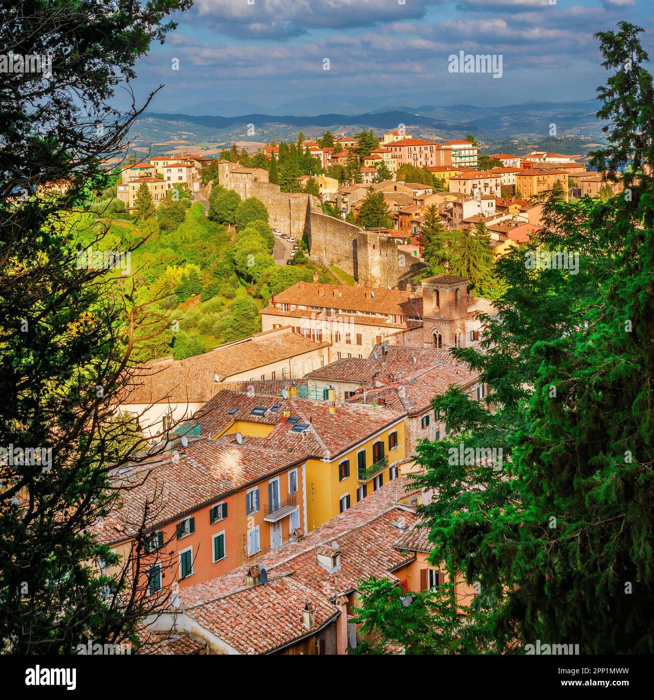 Perugia historical center skyline with ancient city walls from Porta ...