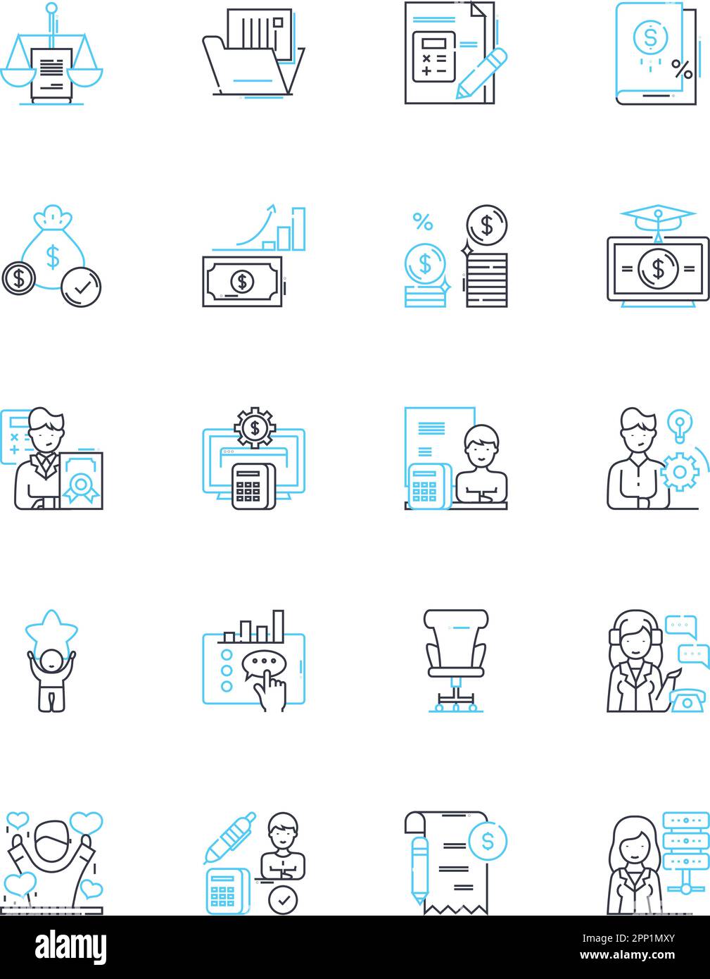Finance and accounting linear icons set. Budgeting, Taxes, Auditing ...