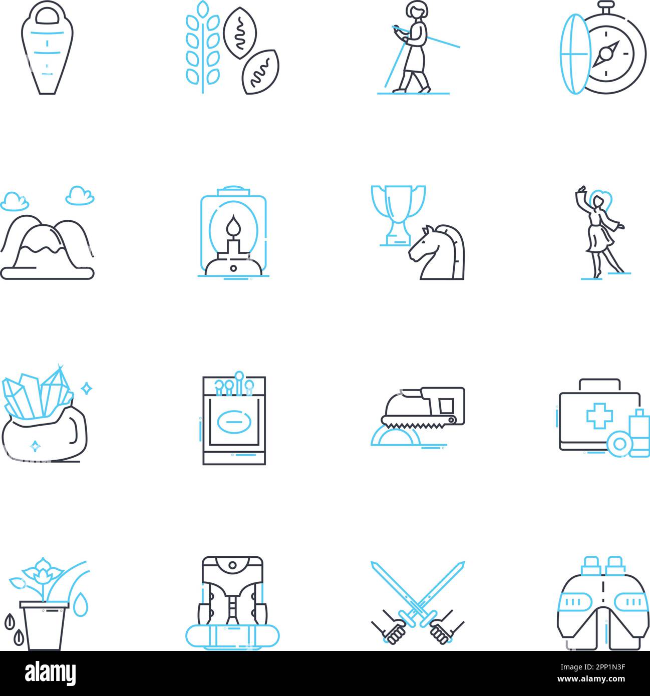 Wilderness retreat linear icons set. Nature, Solitude, Adventure ...