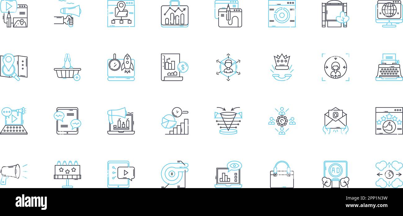 Social analytics linear icons set. Metrics, Engagement, Insights ...