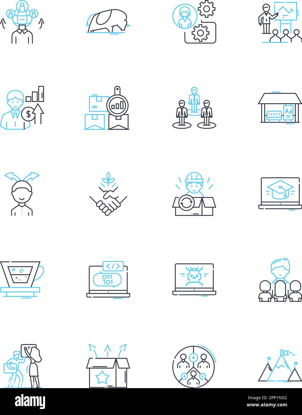 Business opening linear icons set. Inauguration, Launch, Debut, Commencement, Introduction ...