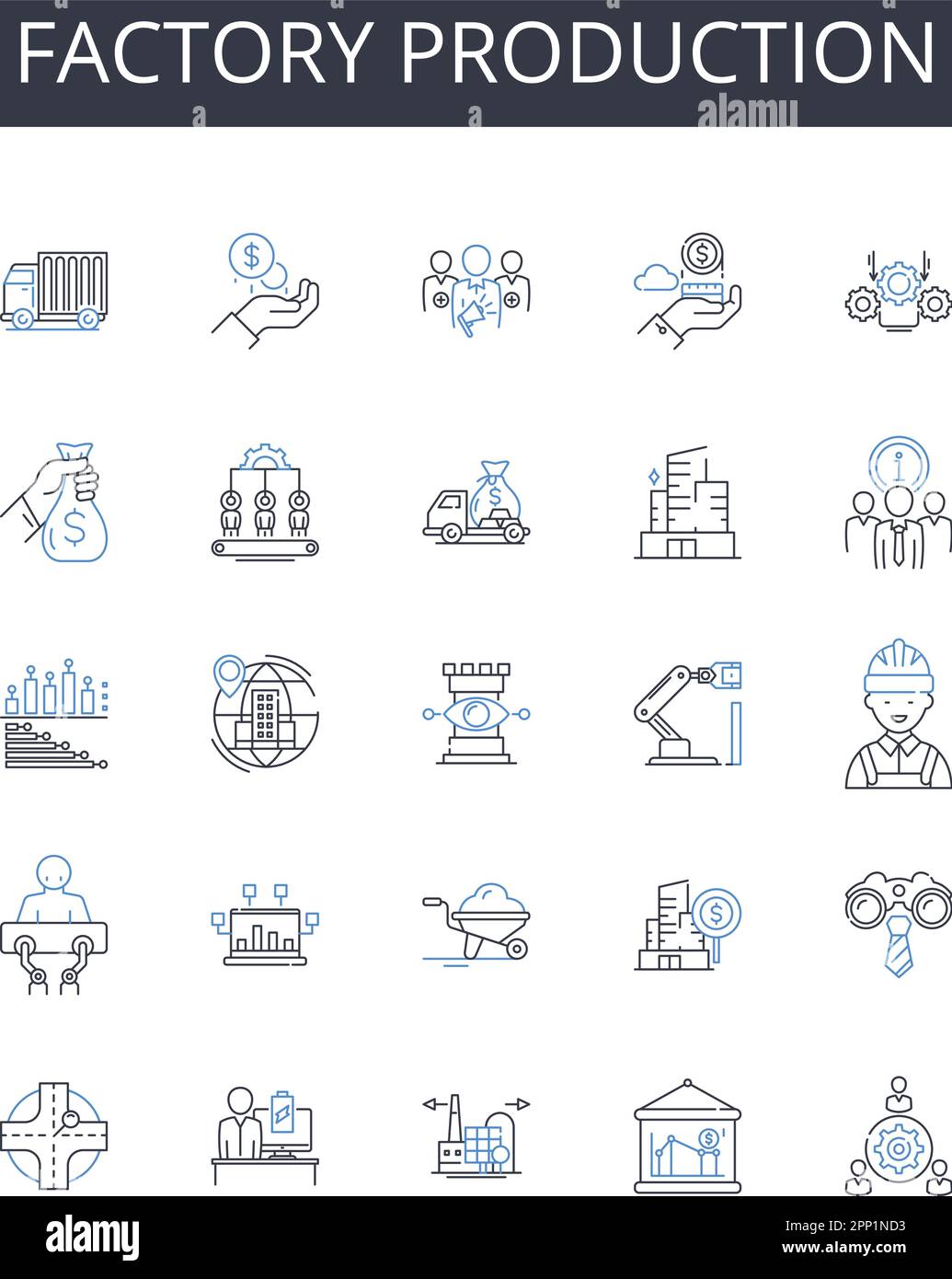 Factory production line icons collection. Office, Warehouse, Showroom ...