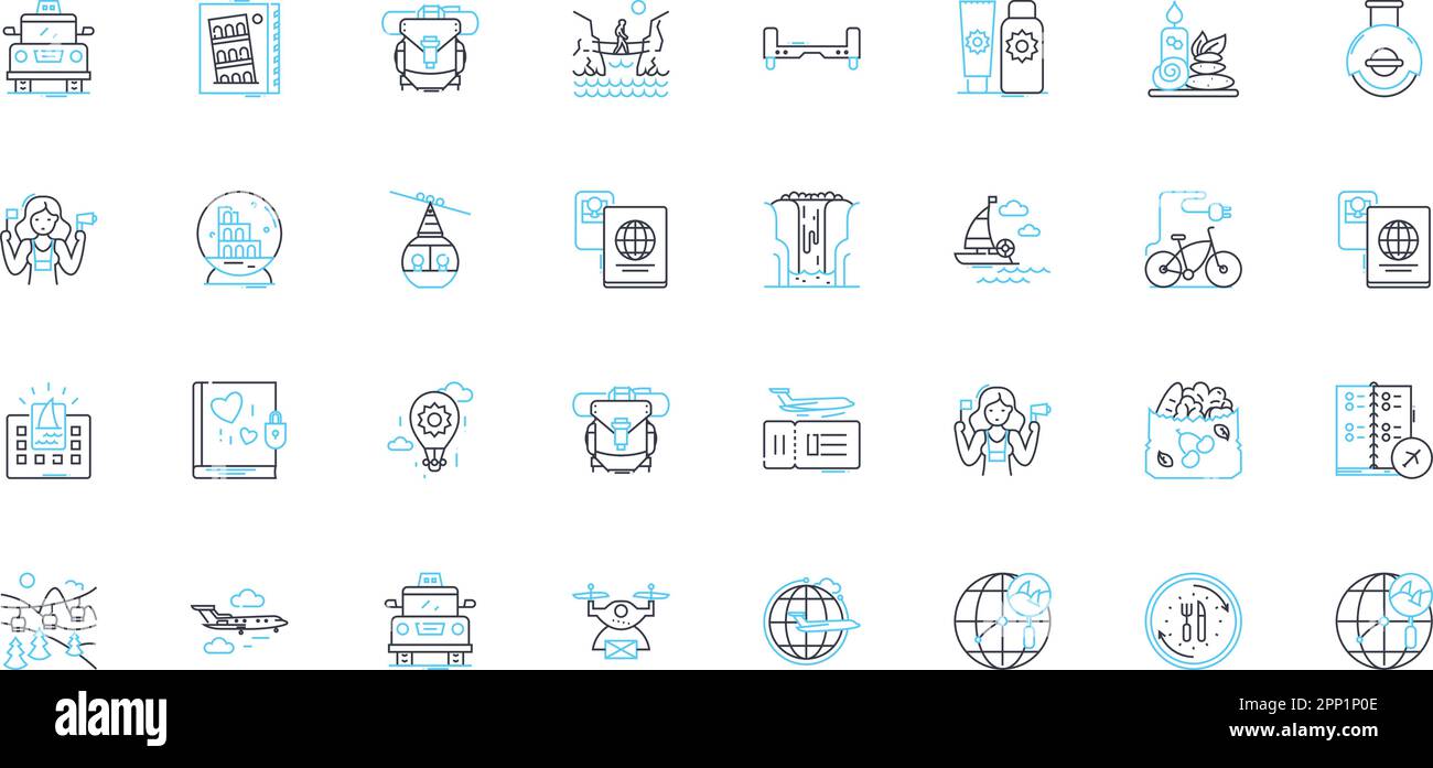 Trips linear icons set. Adventure, Safari, Excursion, Expedition, Trek ...