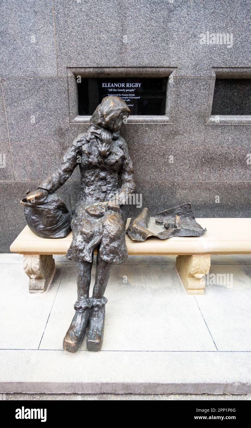 Eleanor Rigby statue in Liverpool restored on a new stone bench Stock ...