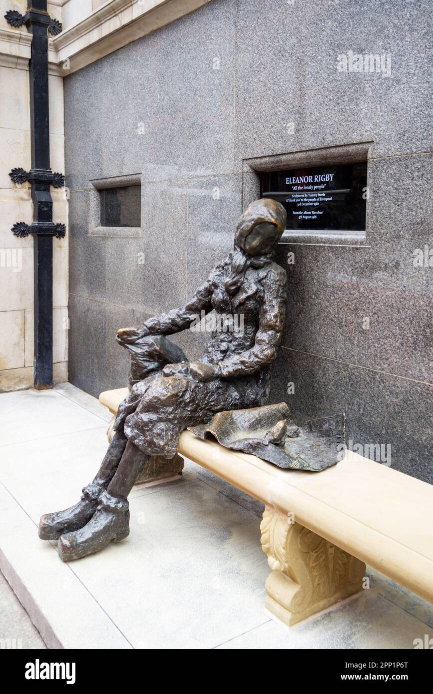 Eleanor Rigby statue in Liverpool restored on a new stone bench Stock ...