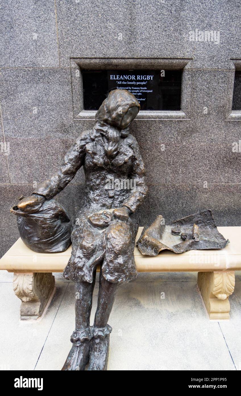 Eleanor Rigby statue in Liverpool restored on a new stone bench Stock ...