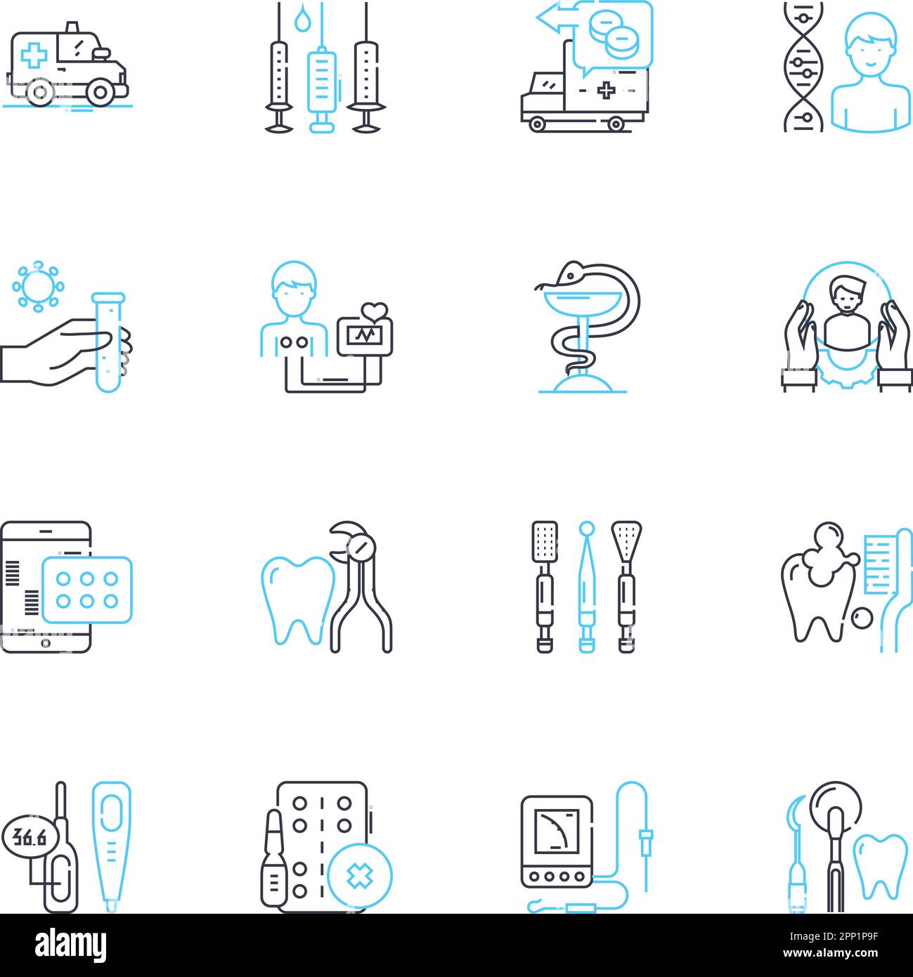 Endodontic treatment linear icons set. Canal, Root, Pulp, Toothache ...