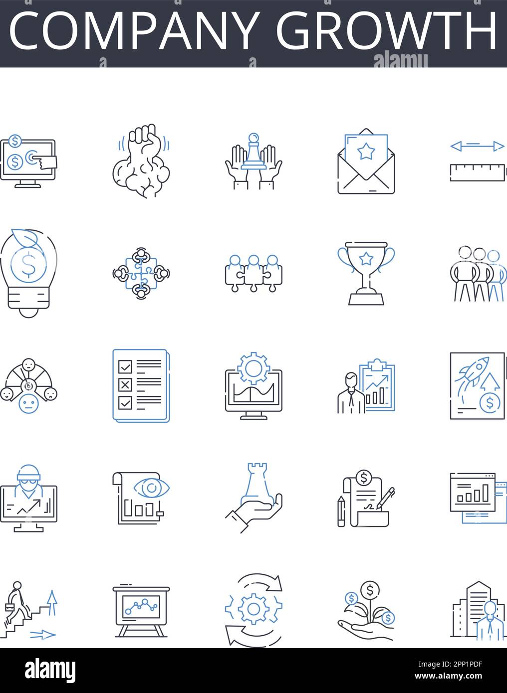 Company growth line icons collection. Business expansion, Corporate development, Organization ...