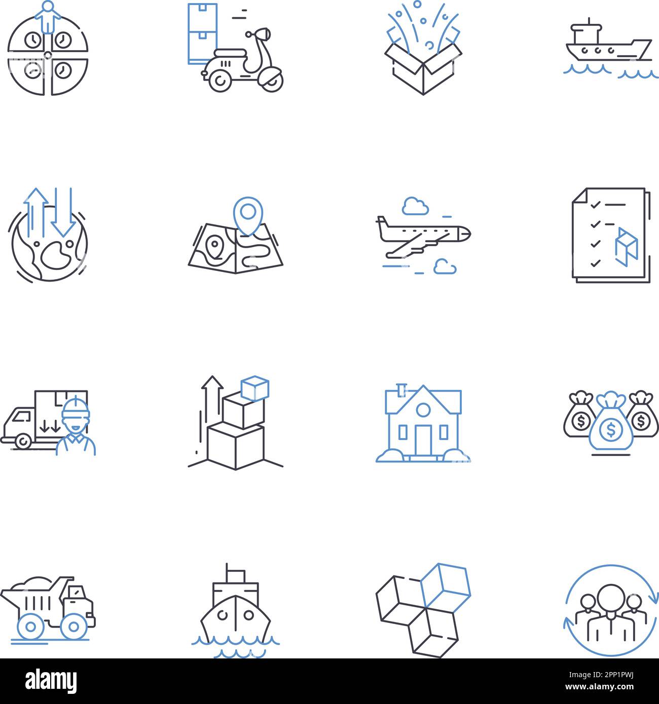 Intermodal transportation line icons collection. Containerization, Efficiency, Railways ...
