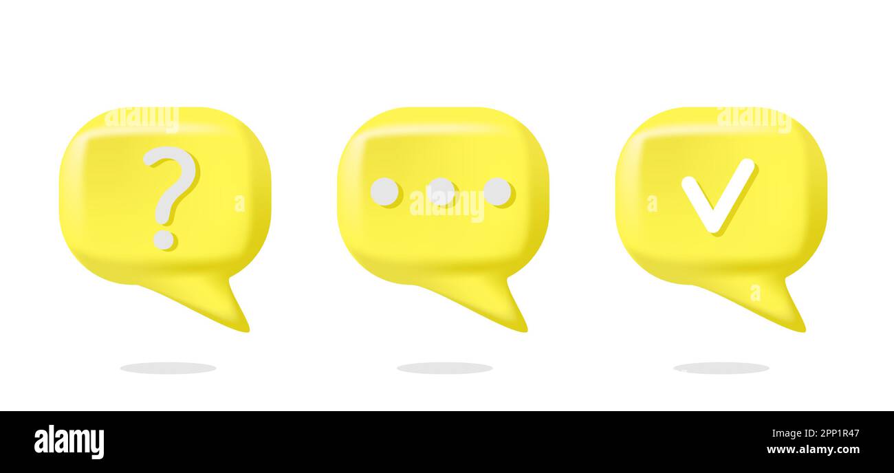 Vector 3d render speech bubble. Question and answer bubble in yellow colors. Support chat 3d ...