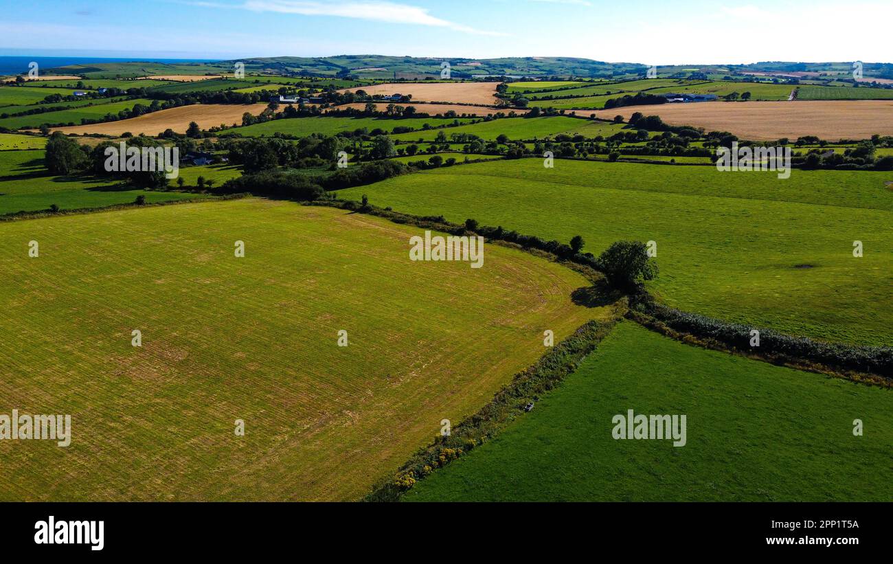 Fields and farm plots in the south of Ireland, top view. Irish agrarian ...