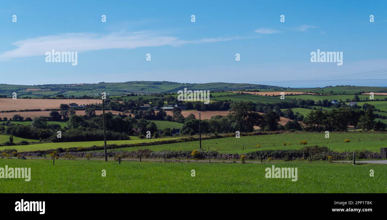 Irish farm fields under blue skies in summer. Landscape. Green grass ...