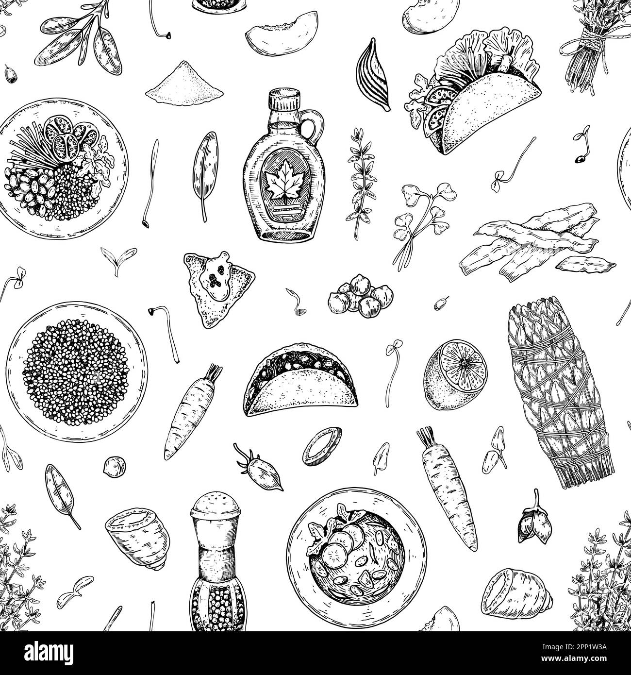 Food seamless pattern. Vector illustration in sketch style. Vintage background for restaurant ...