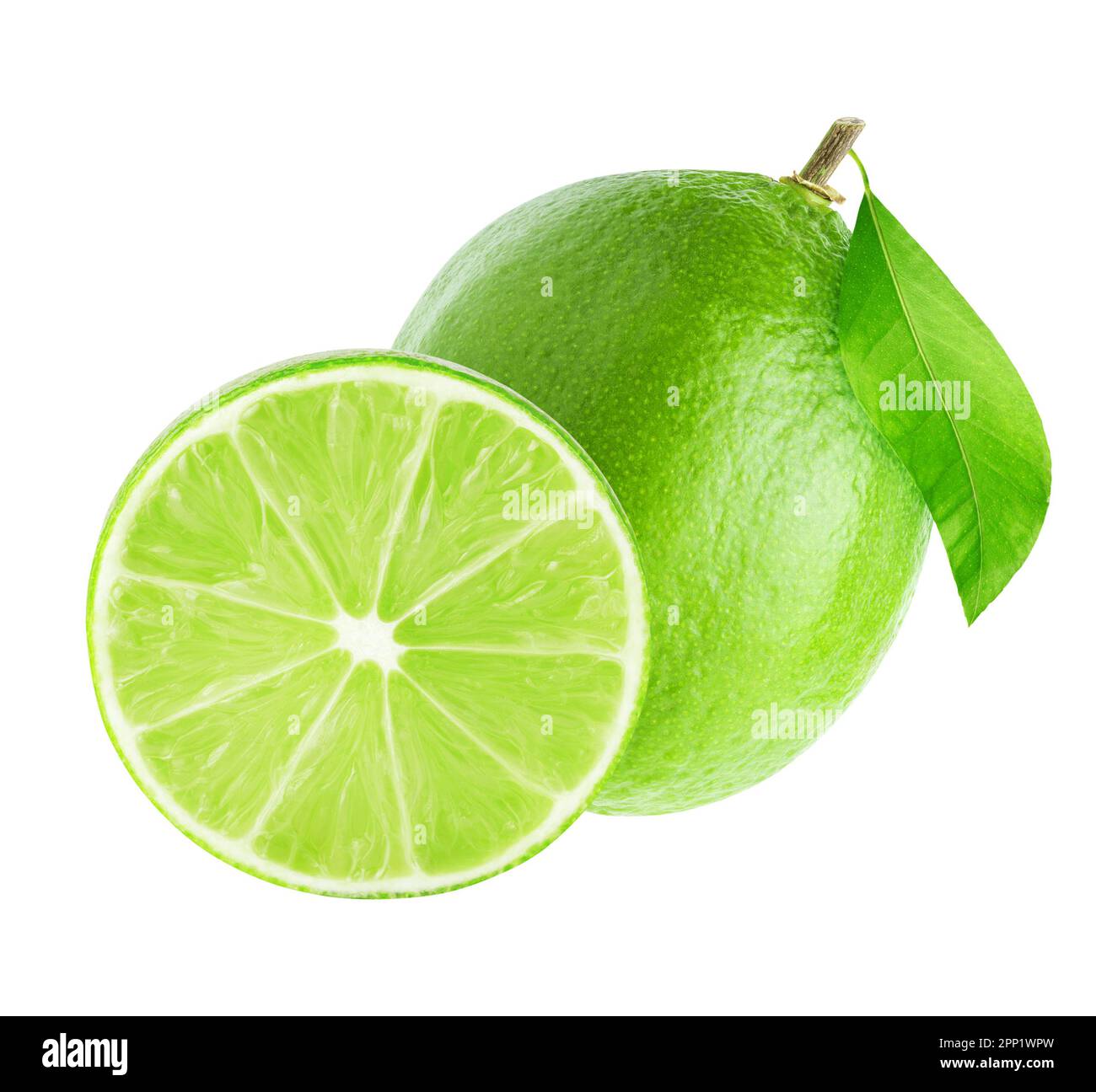 Cut fresh lime fruits with leaves isolated on white background, with ...