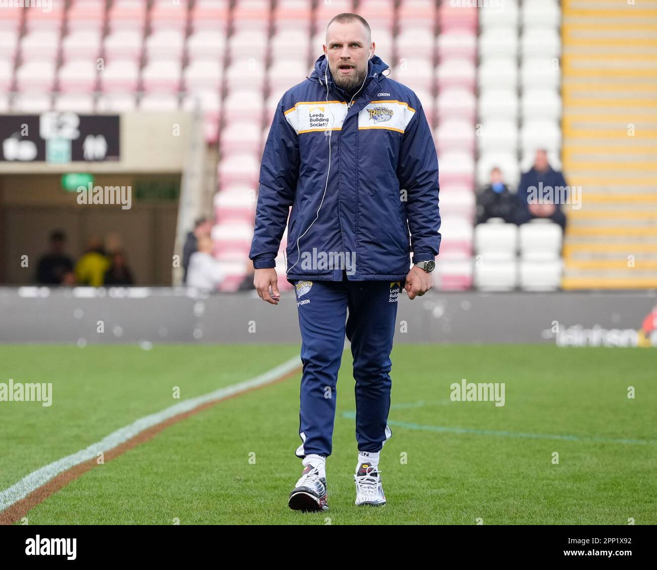 Blake Austin #6 of Leeds Rhinos inspects the pitch before the Betfred ...