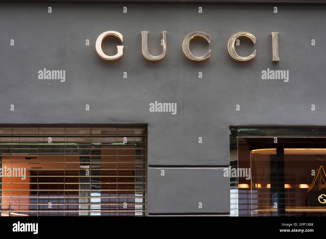 Copenhagen, Denmark - April 9, 2023: Logo of Gucci on a facade of a ...