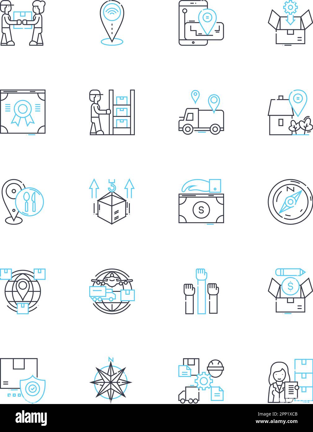 Transportation services linear icons set. Logistics, Shipping, Delivery, Hauling, Dispatch ...