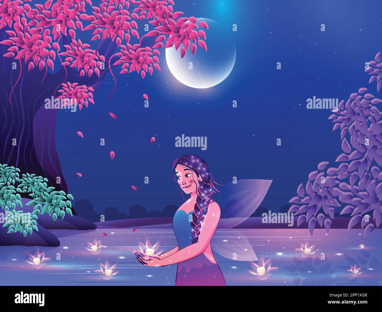 Magical Forest Moon Background With Fairy Girl Holding Lotus Flower On ...