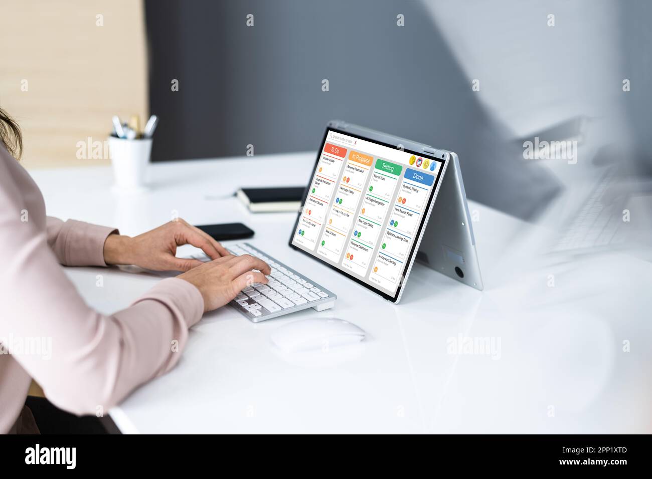 Kanban Project Schedule Management Software App On Laptop Stock Photo ...