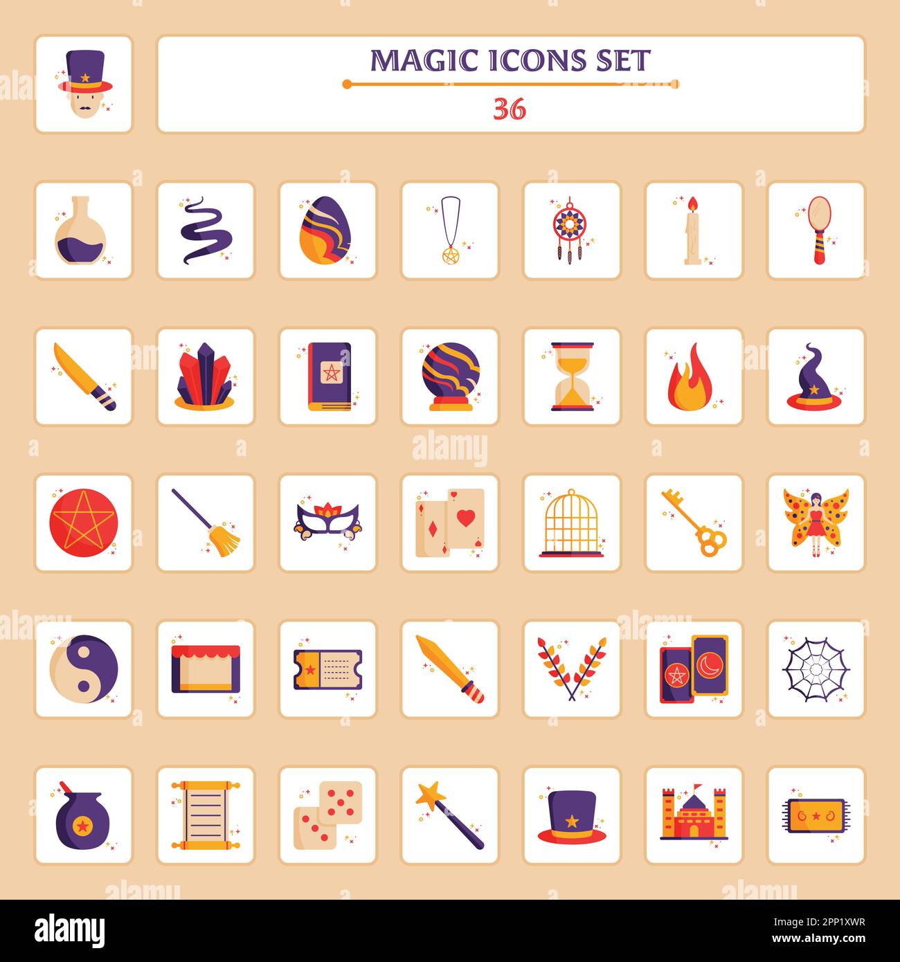 Flat Style Magic 36 Icon Set On White And Peach Square Background Stock ...