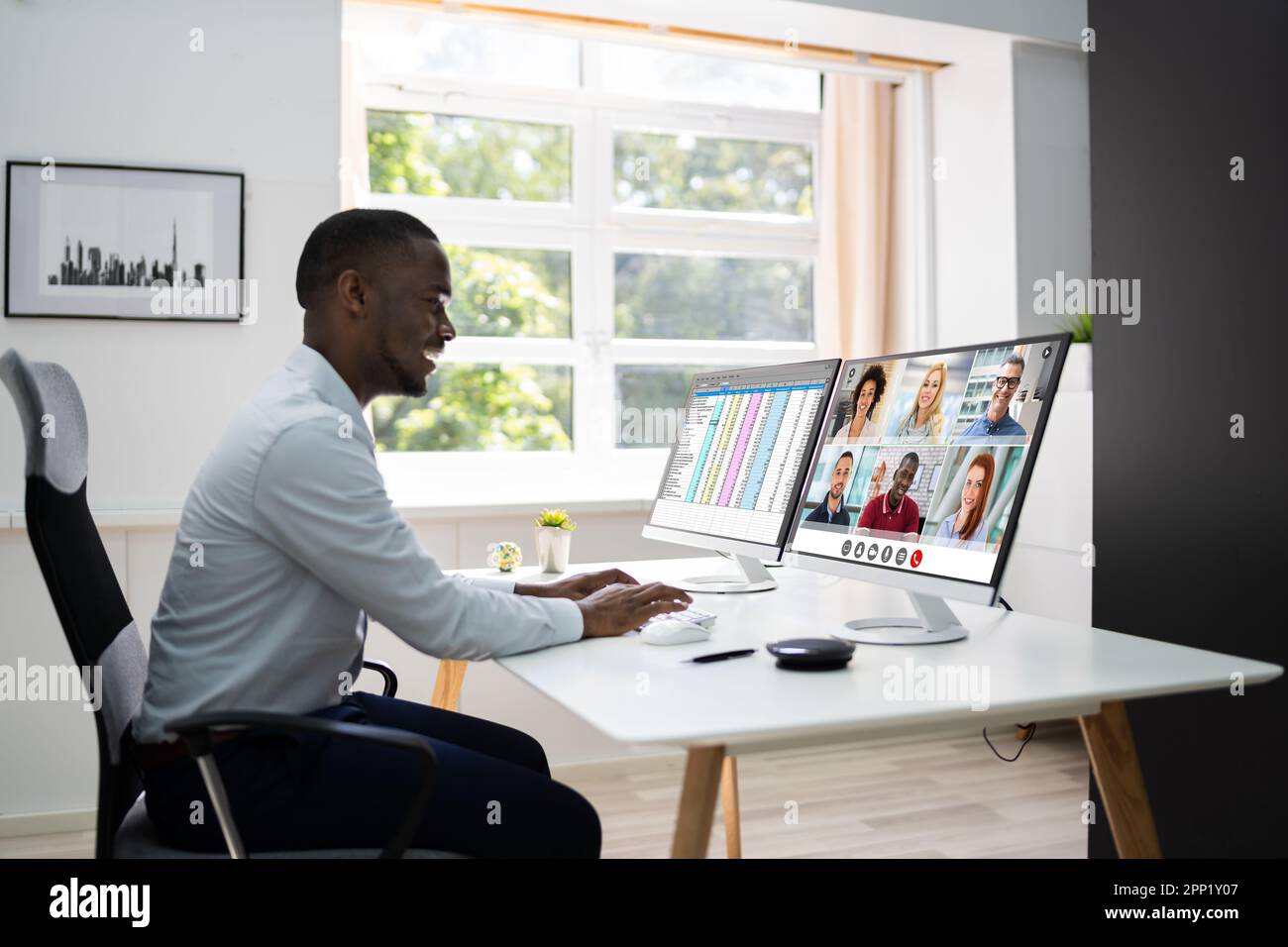 African Man Video Conference Business Call On Computer Screen Stock ...